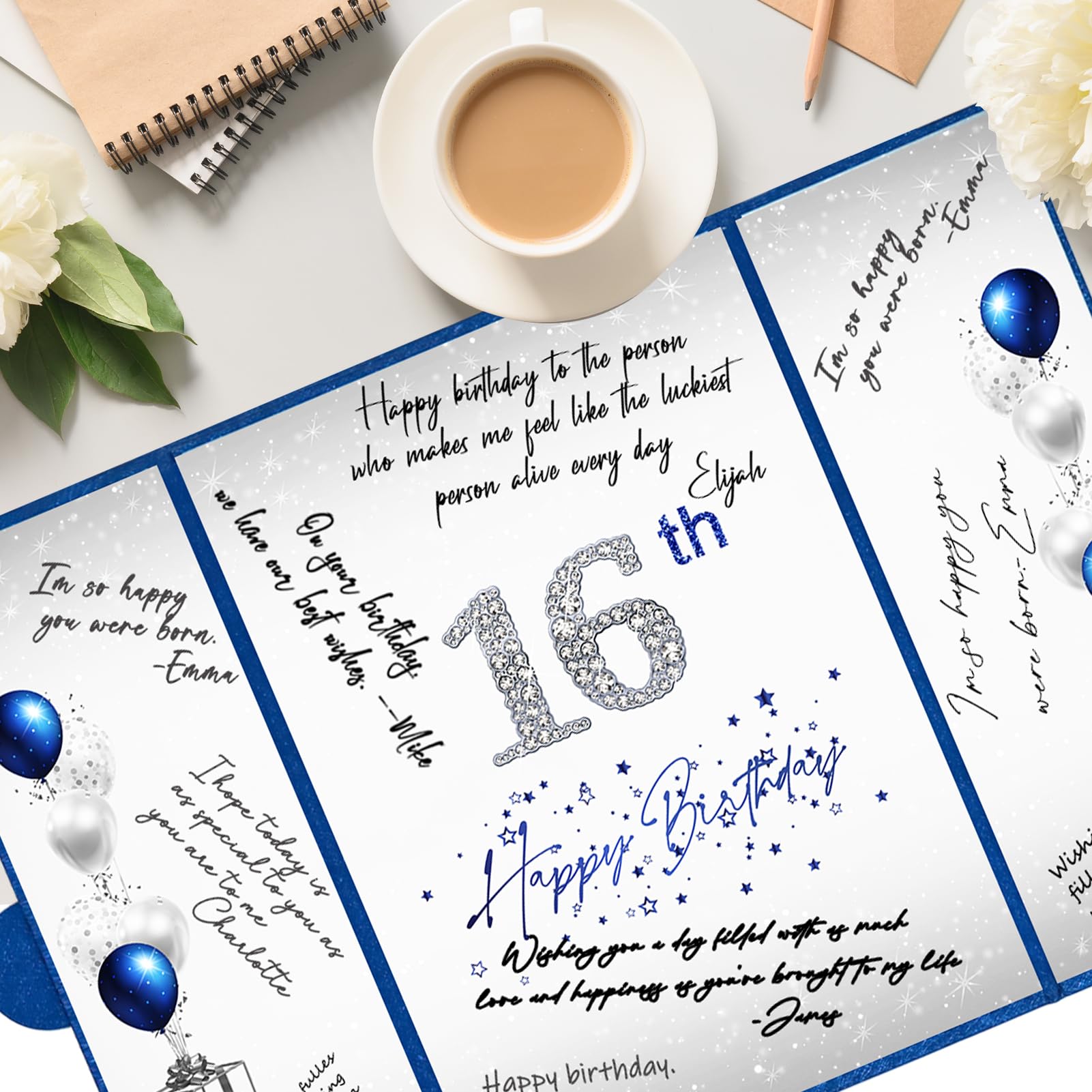 Crenics 16th Birthday Decorations for Boy or Girls, Creative 16th Birthday Guest Book Alternative, Blue and Silver 16 Birthday Signature Book 18 x 12 inch, Great Sweet 16 Birthday Gifts