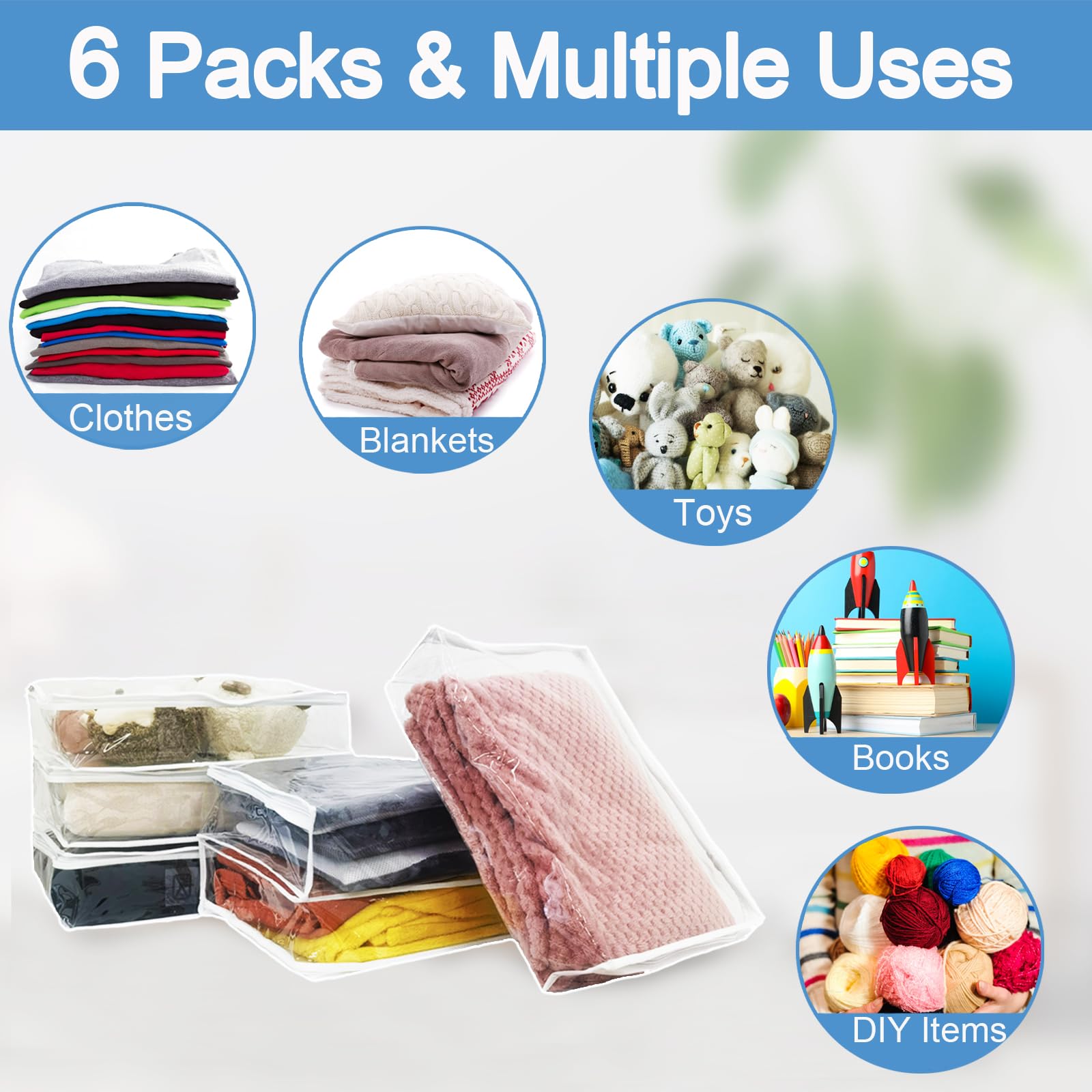 6 Pacs Plastic Storage Bags for Clothes, Clear Zippered Storage Bags for Sweater Blanket Bed Sheet Storage, Vinyl Storage Organizer Bags with Zipper for Closet Linen Sweater 16*12*4 Inch (6 Packs)