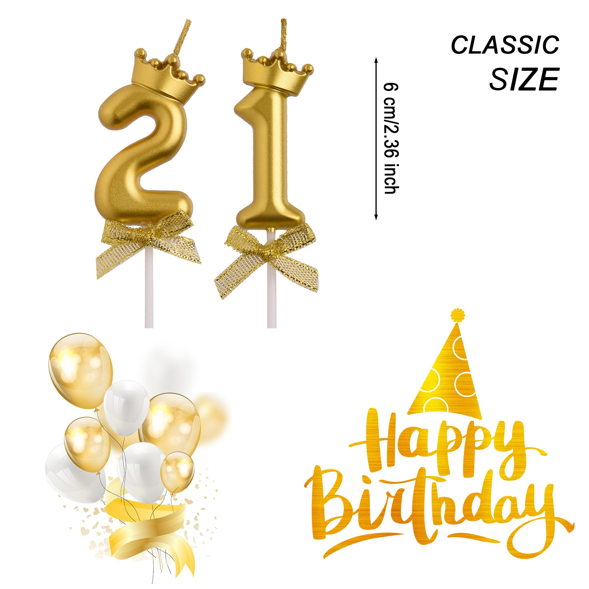 AOOLADA 21st Birthday Candles, Gold 21 Year Old Number Birthday Candles, Happy Birthday Cake Topper Gifts Party Decorations for Men Women