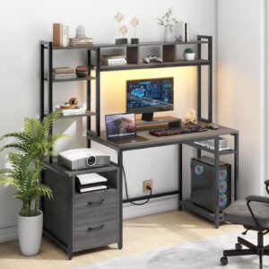 Computer Desk with Storage Shelves and 2 Drawers, 59" Gaming Desk with LED Lights & Power Outlets, Gray Home Office Desk with Hutch Monitor Stand for Study Office Writing Game