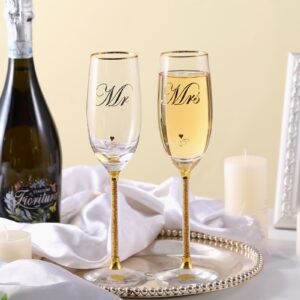 dujust crystal glass wedding champagne flutes, mr & mrs champagne glasses with handcrafted gold rim & 24k gold leaf flakes, square bride and groom champagne flutes, valentine's day gift, gift package