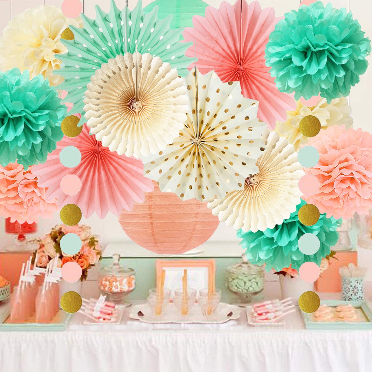 Mint Green Cream Pink Party Decoration Mint Peach Birthday Tissue Paper Pom Poms Paper Fans Circle Dot Garlands for Grils Mint Birthday Party Baby Shower Bridal Shower Wedding Party Decorations