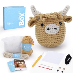 crochet kit for beginners: highland cow crochet kit, learn to crochet, include easy knitting soft yarn, step-by-step video tutorial, hook, holiday birthday gift for adults and kids(30%+ yarn)