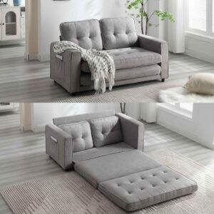 mdhitsox modern full size futon sofa with pull out couch bed, 3-in-1 convertible sleeper sofa bed with 2 side pockets and pillows, 55" velvet loveseat sofa couch bed for living room (light gray)