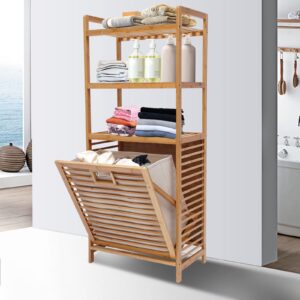 Bamboo Laundry Hamper, Laundry Storage Shelves With 3-Tier Shelves And Tilt Out Basket, Freestanding Clothes Baskets Organizer, Laundry Cabinet Storage Shelf Sundries Rack For Bathroom, Bedroom