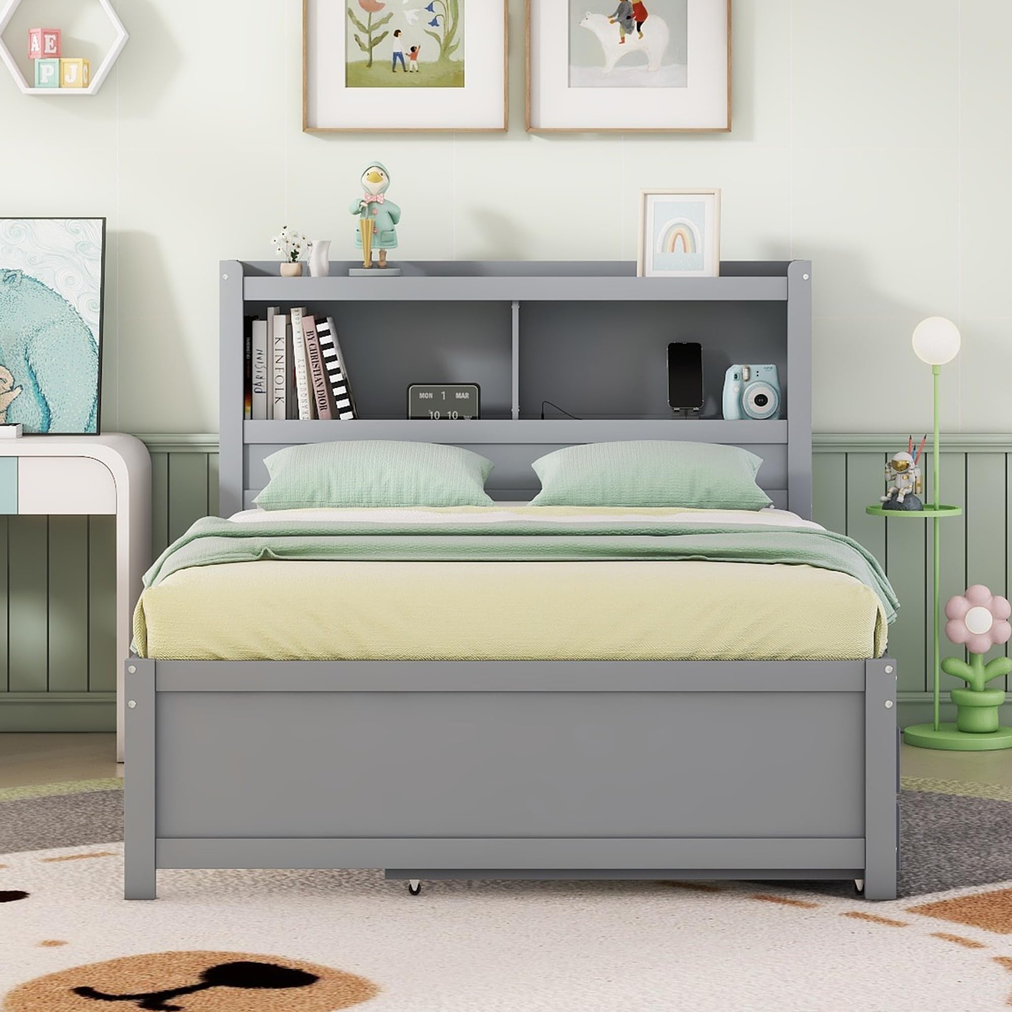 Harper & Bright Designs Full Size Bed with Bookcase Headboard, Wooden Full Size Platform Bed with Trundle and Storage Drawers,Full Storage Bed with USB Ports Outlets for Kids Girls Boys, Grey