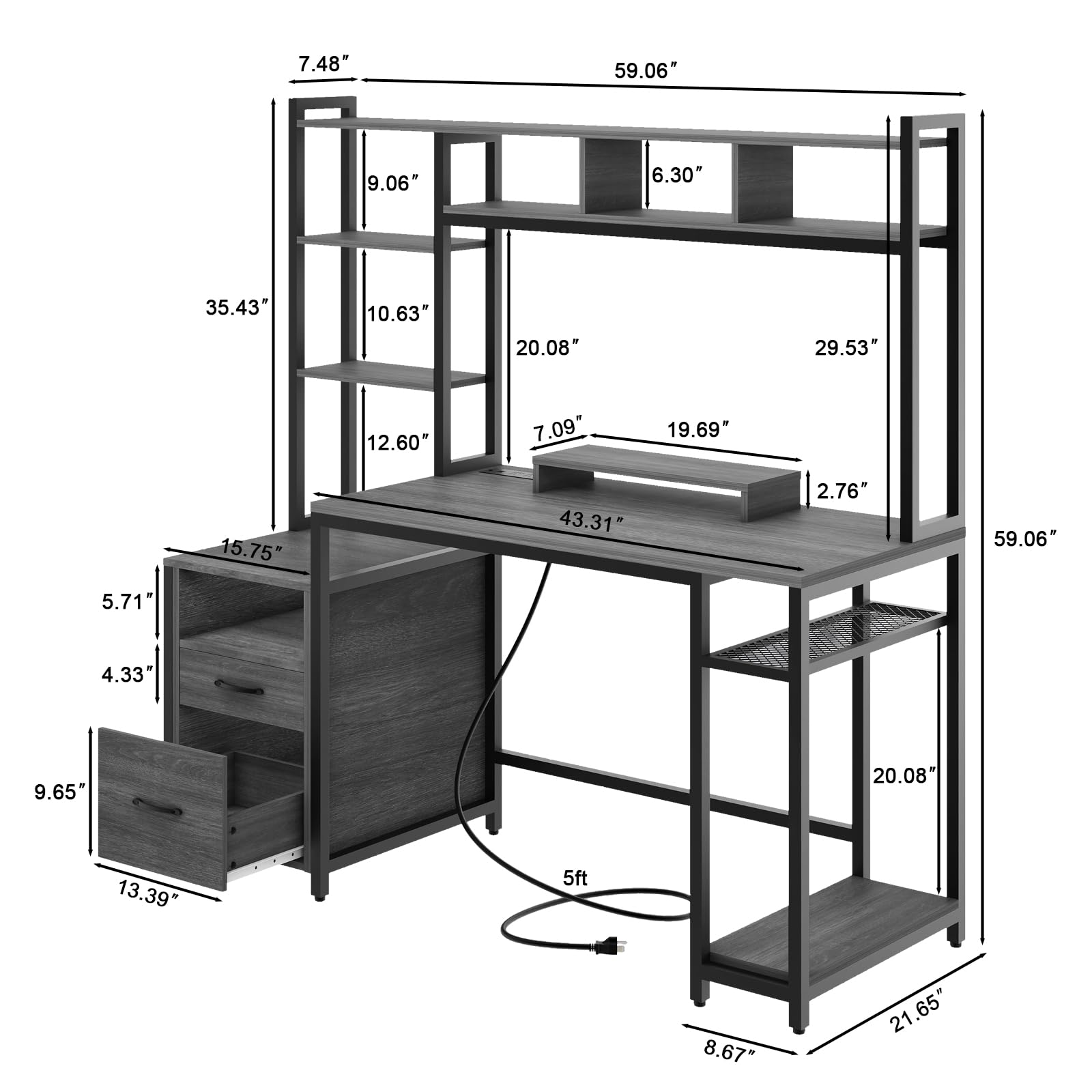 Computer Desk with Storage Shelves and 2 Drawers, 59" Gaming Desk with LED Lights & Power Outlets, Gray Home Office Desk with Hutch Monitor Stand for Study Office Writing Game