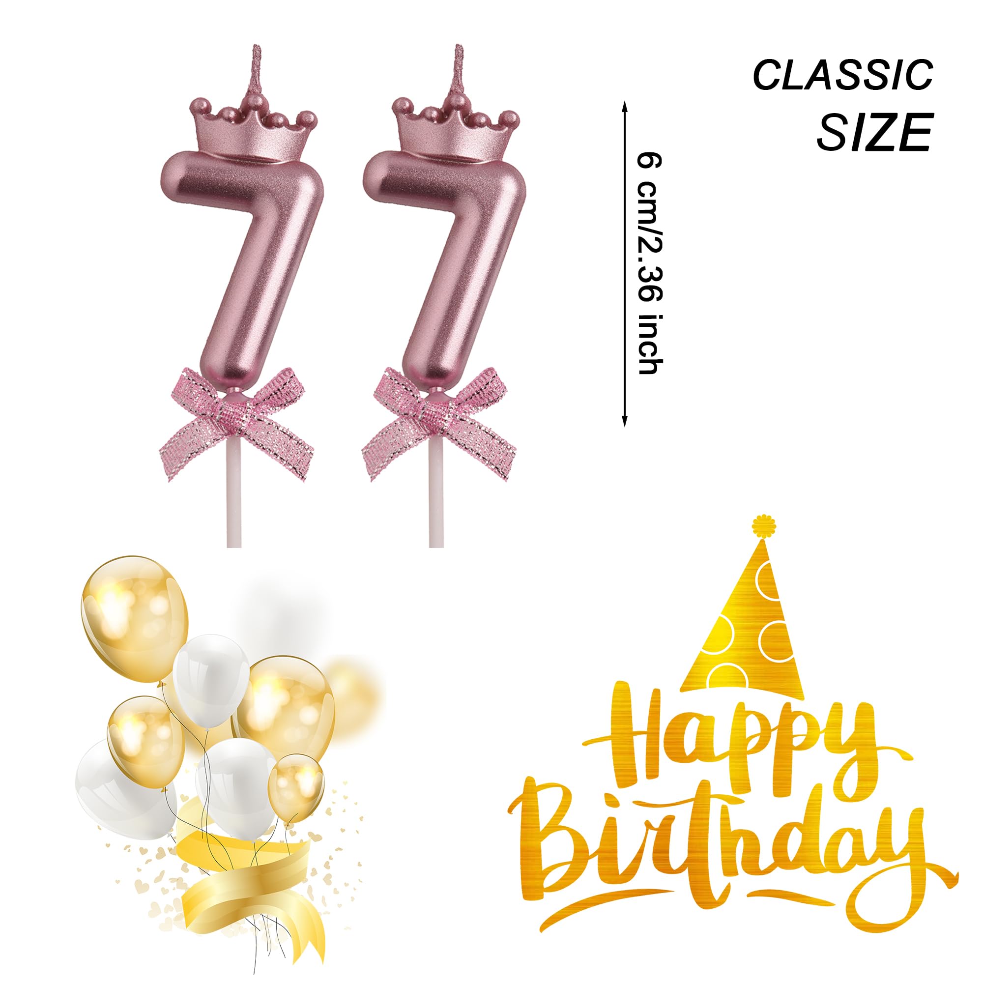 AOOLADA 77th Birthday Candles, Rose Gold 77 Year Old Number Birthday Candles, Happy Birthday Party Decorations Cake Topper Gifts for Men Women