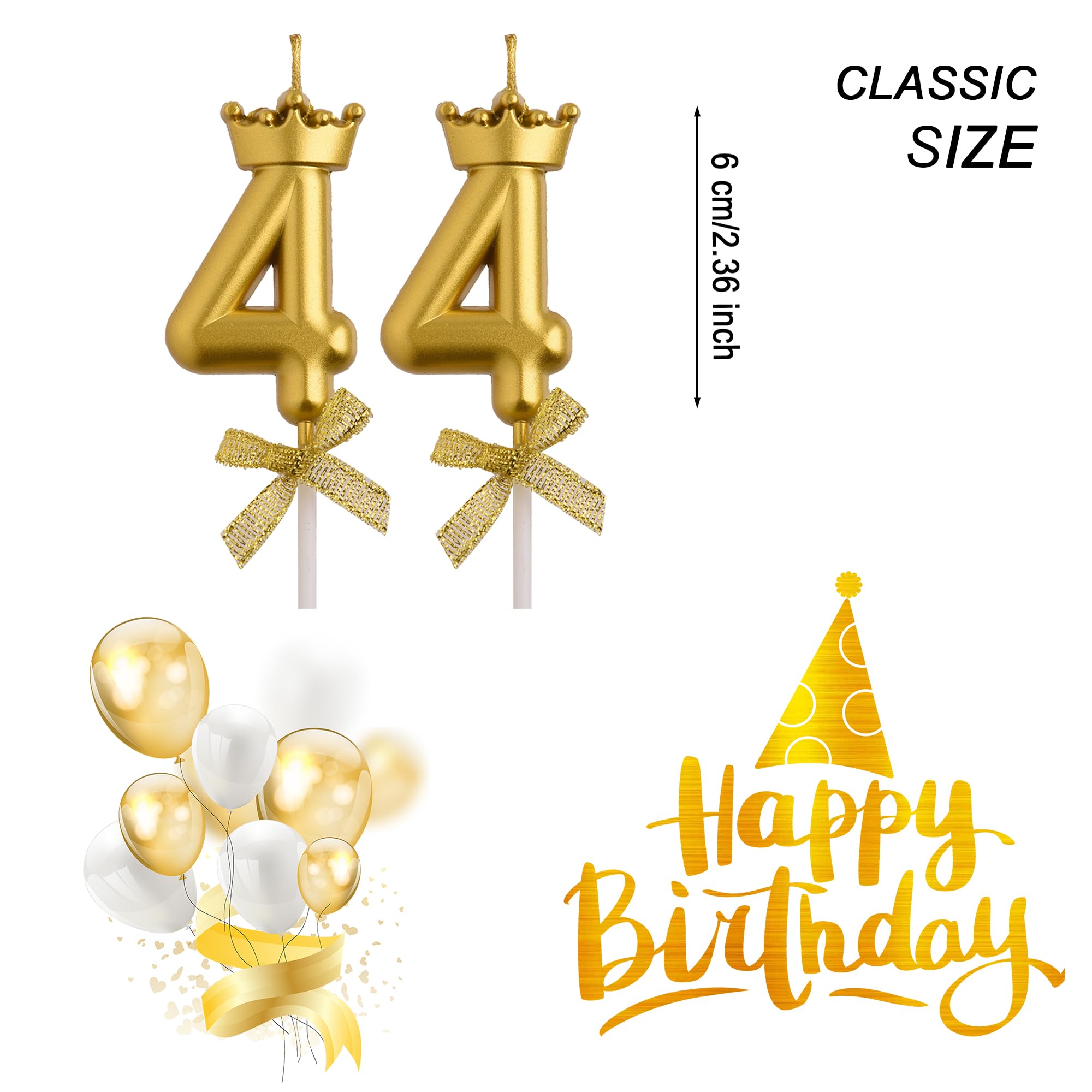 AOOLADA 44th Birthday Candles, Gold 44 Year Old Number Birthday Candles, Happy Birthday Cake Topper Gifts Party Decorations for Men Women