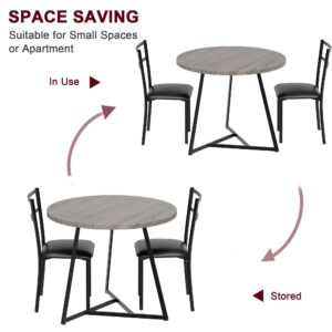 GAOMON Dining Table Set for 2, Kitchen Table and Chairs for 2 with Upholstered Chairs, 3 Piece Dining Room Table Set, Round Kitchen Table Set for Small Space, Apartment, Studio, Rustic Gray