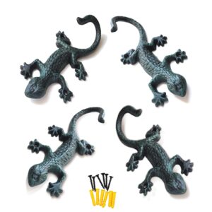 auafanzy outdoor cast iron pool towel wall hooks, lovely gecko heavy-duty coat hooks, fun lizard pool towel holder for outdoor and indoor，cool gecko key holder and wall decor (4 pcs)