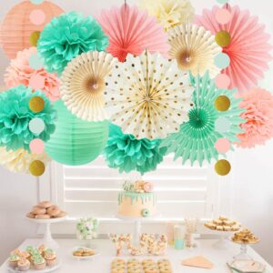 Mint Green Cream Pink Party Decoration Mint Peach Birthday Tissue Paper Pom Poms Paper Fans Circle Dot Garlands for Grils Mint Birthday Party Baby Shower Bridal Shower Wedding Party Decorations