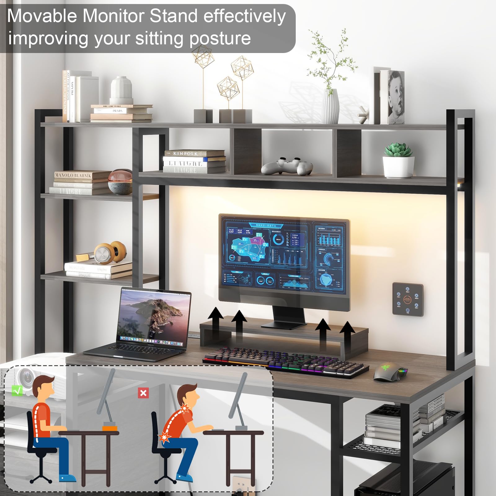 Computer Desk with Storage Shelves and 2 Drawers, 59" Gaming Desk with LED Lights & Power Outlets, Gray Home Office Desk with Hutch Monitor Stand for Study Office Writing Game