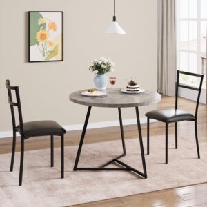 GAOMON Dining Table Set for 2, Kitchen Table and Chairs for 2 with Upholstered Chairs, 3 Piece Dining Room Table Set, Round Kitchen Table Set for Small Space, Apartment, Studio, Rustic Gray