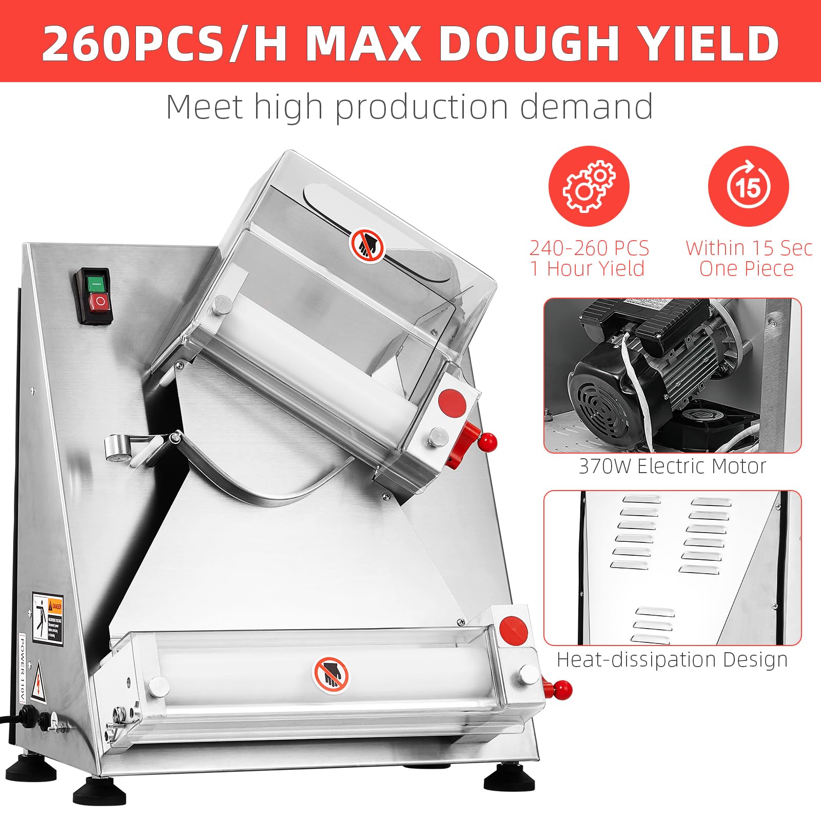 Commercial Pizza Dough Roller Sheeter, Max 12", Automatic 370W Electric Pizza Dough Roller, Stainless Steel, Suitable for Noodle, Pizza Bread and Pasta Maker Equipment