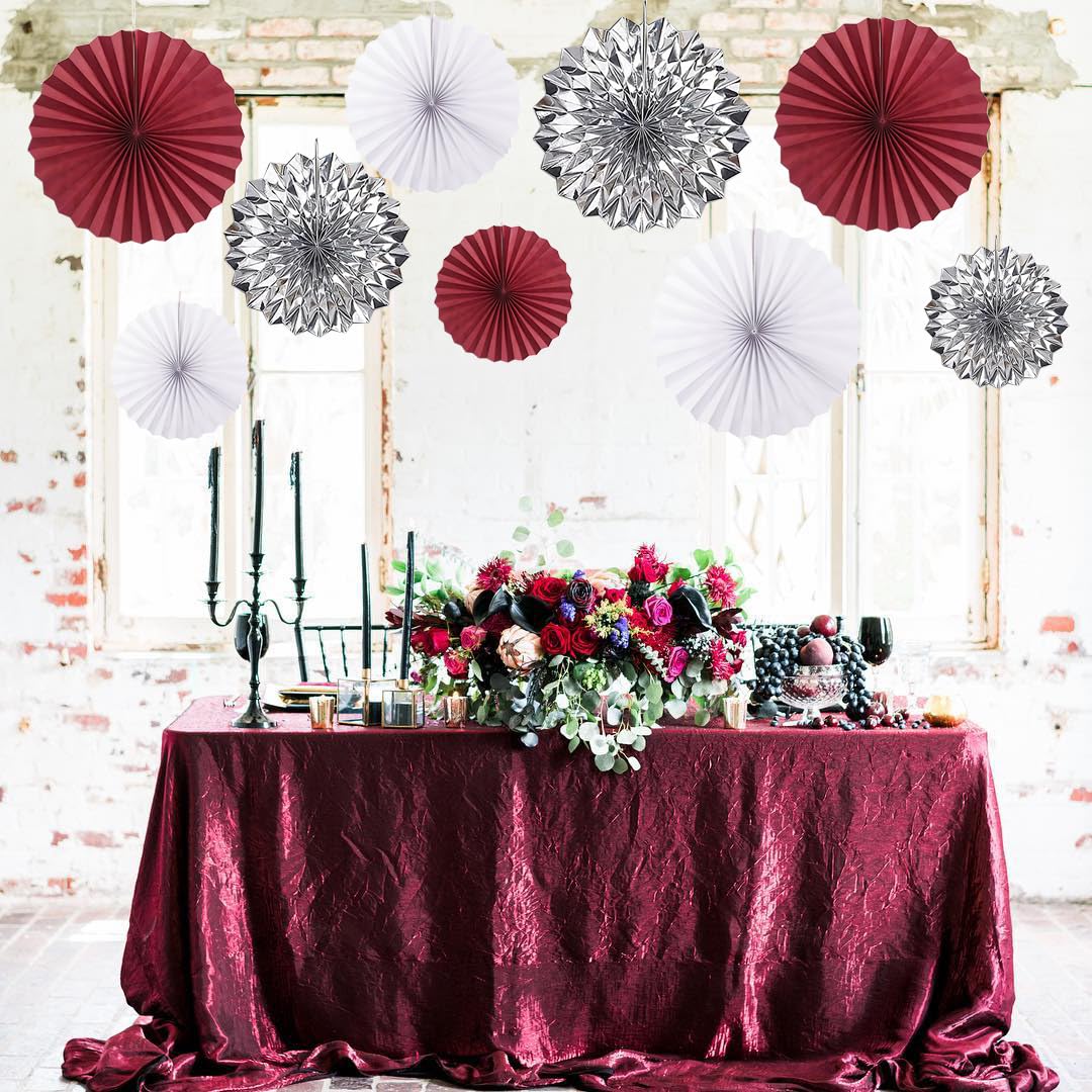 9PCS Burgundy Maroon White Silver Party Streamers Pom Poms Paper Flowers Hanging Party Fans Backdrop Graduation Bridal Wedding Shower Bachelorette Anniversary Birthday Party Décor