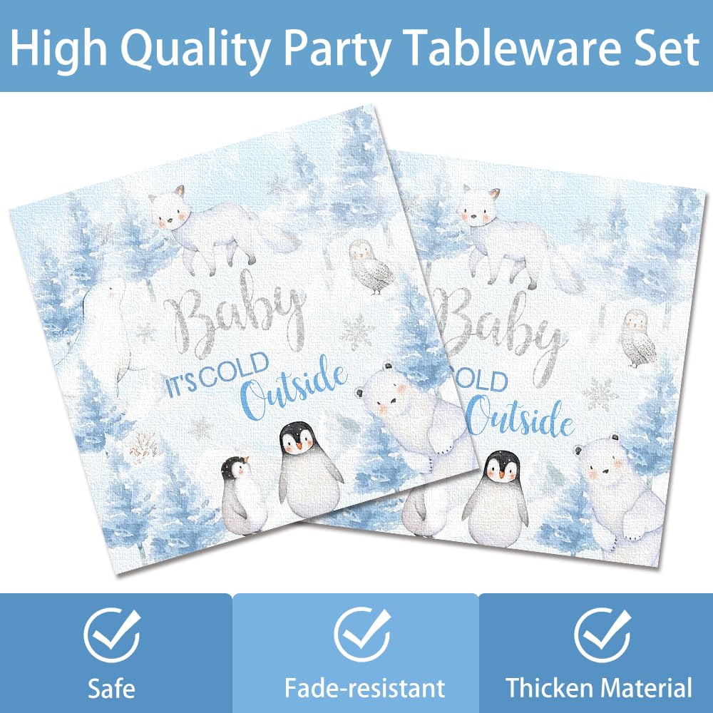 170pcs Winter Woodland Baby Shower Decorations Arctic Animals Plates Napkins Baby It's Cold Outside Snowflake Penguin Arctic Fox Tableware Set Banner Tablecloth for 24 Guests