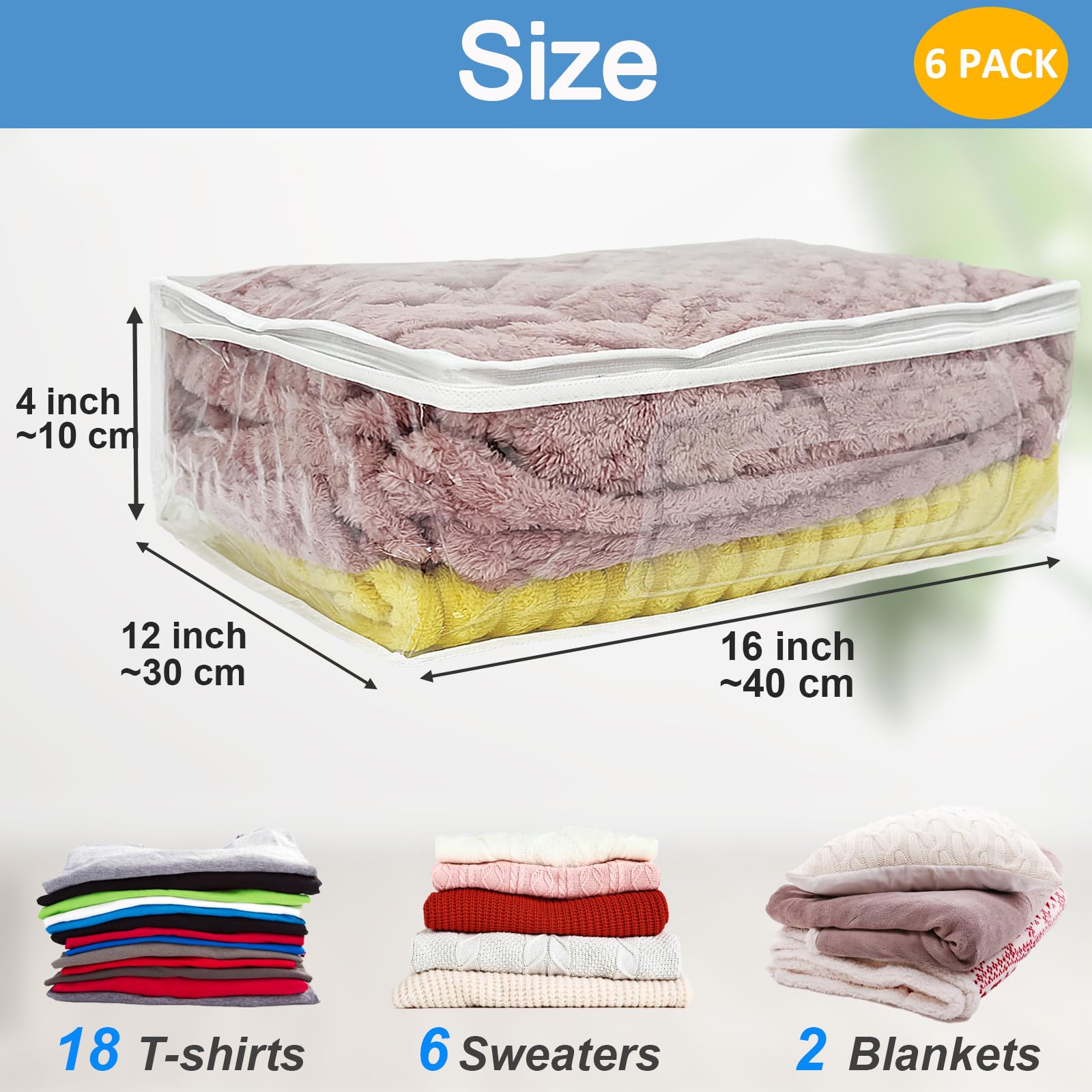 6 Pacs Plastic Storage Bags for Clothes, Clear Zippered Storage Bags for Sweater Blanket Bed Sheet Storage, Vinyl Storage Organizer Bags with Zipper for Closet Linen Sweater 16*12*4 Inch (6 Packs)