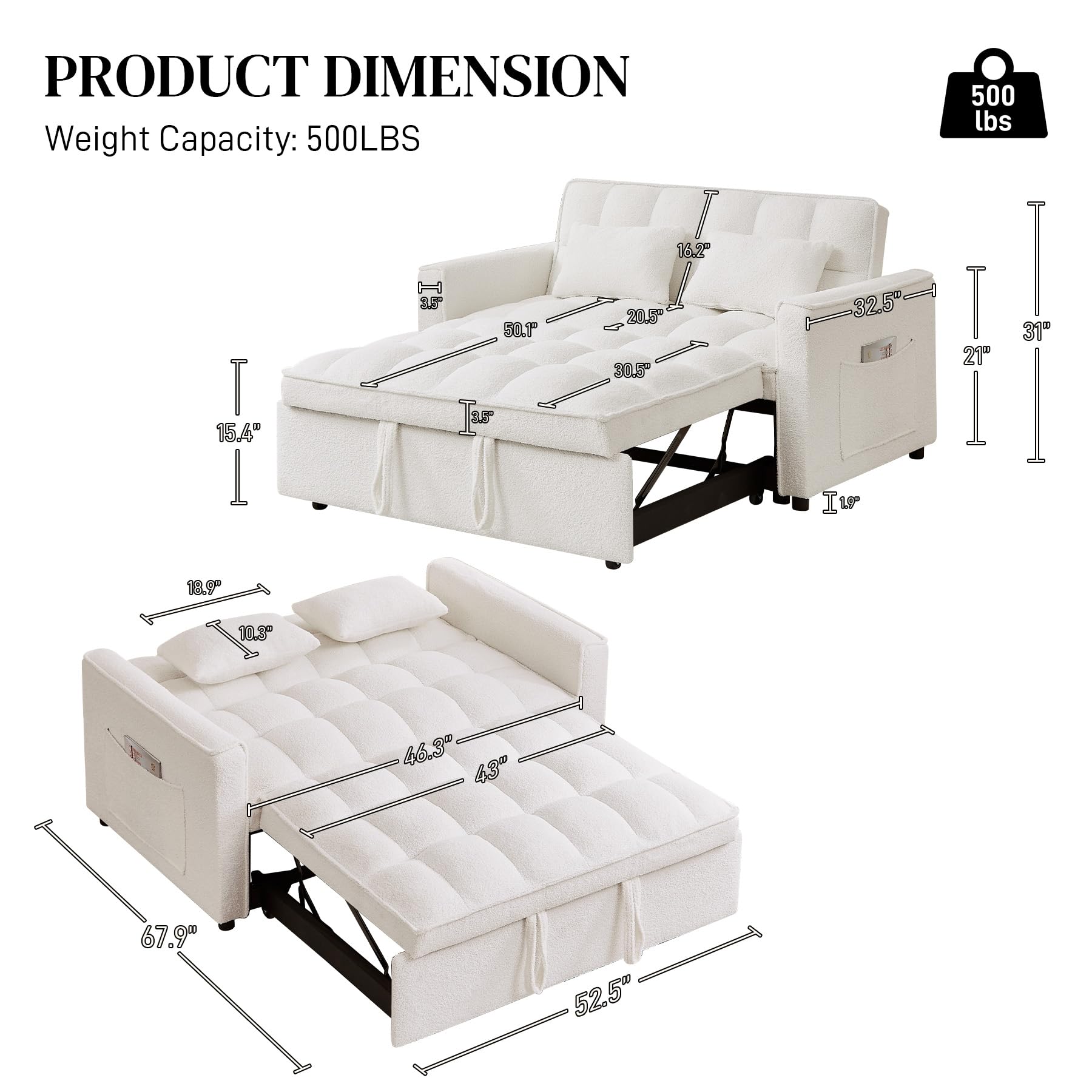 DAMAIFROM Sofa Bed, 3 in 1 Sleeper Sofa Bed with Pull Out Sofa Bed, Teddy Convertible Pull Out Loveseat with Adjustable Backrest and Side Pocket,Small Love Seat for Living Room,Office, White