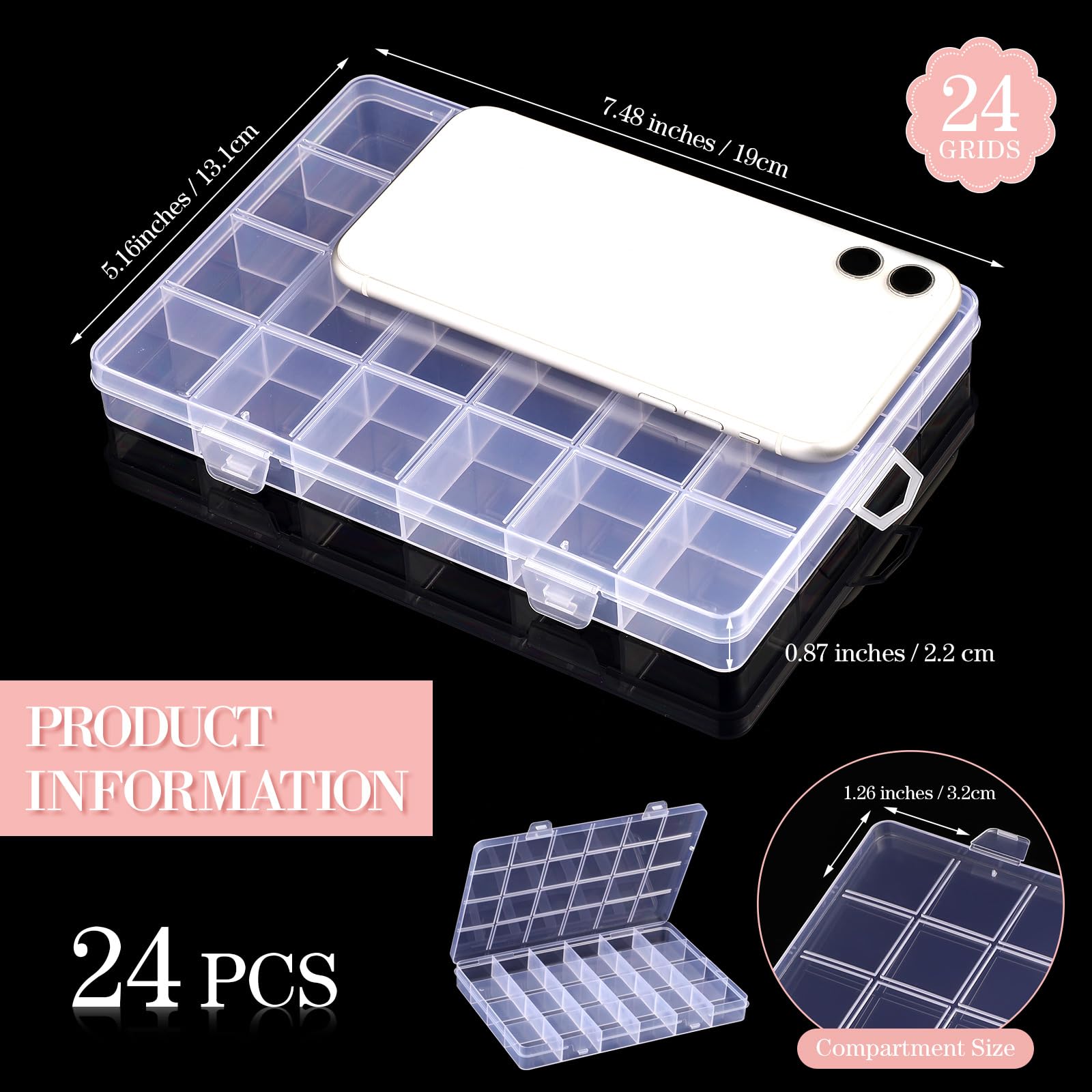 Menkxi 24 Pcs Plastic Organizer Box with Fixed Dividers 24 Grids Small Clear Storage Organizer Reusable Jewelry Bead Organizer Tackle Box Container for Bead DIY Craft Fishing Tackle Small Items