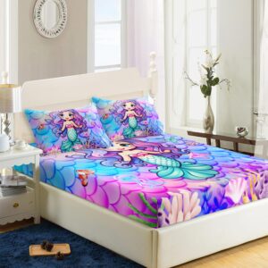 AILONEN Mermaid Fitted Sheet for Kids Girls Twin Size, Mermaid Princess Bedding Set,Ocean Theme Bed Sheet Set,Purple Blue Watercolor Fish Scale BedSheets Set,1 Fitted Sheet 2 Pillowcases,3 PCS