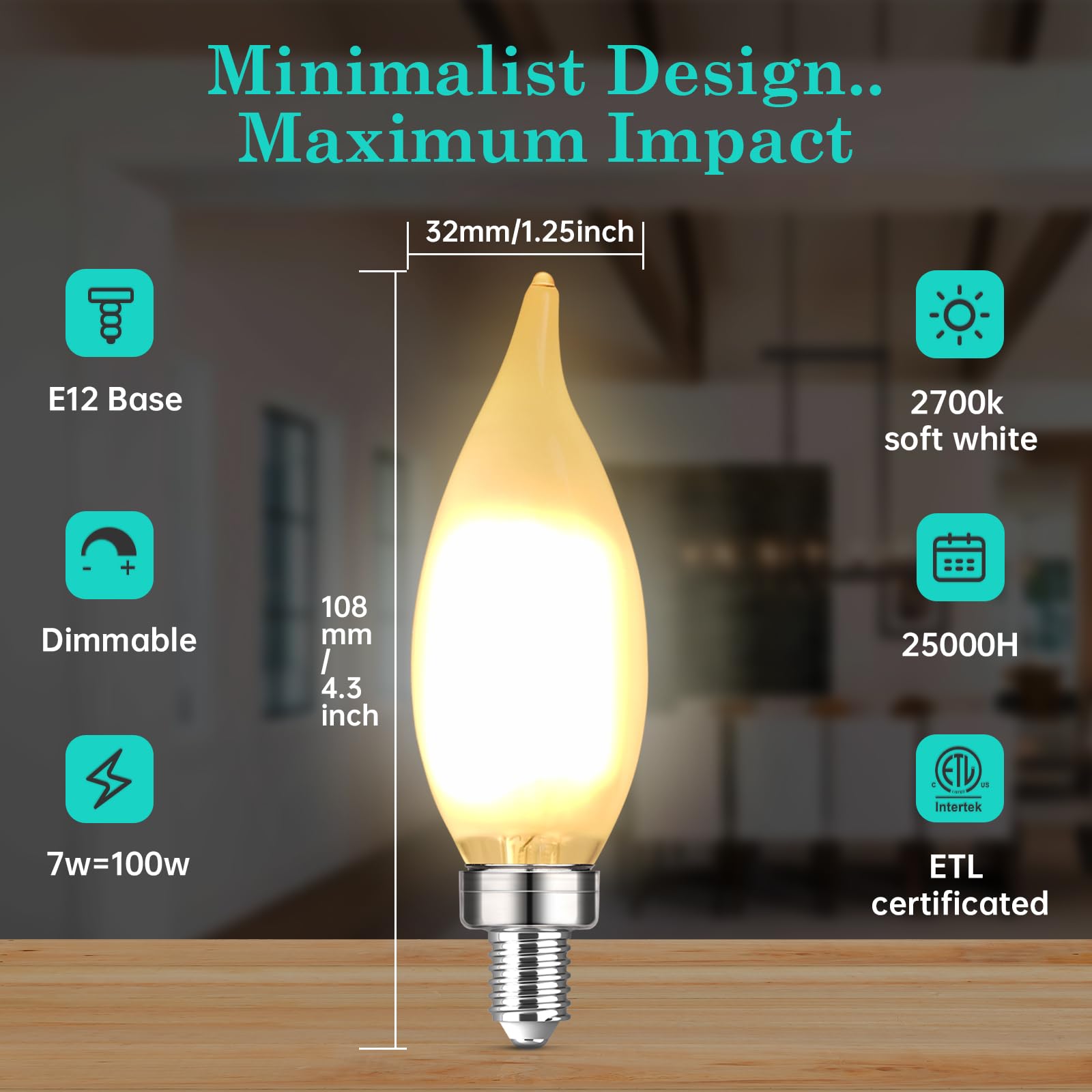 E12 100W Equivalent Frosted LED Candelabra Bulb CA10, Dimmable Small Base for Chandeliers, Ideal for Living Rooms, Dining Areas, and Hallways, Energy-Efficient for Cozy Indoor Lighting