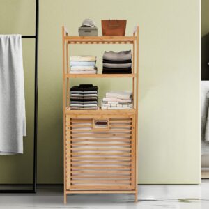 Bamboo Laundry Hamper, Laundry Storage Shelves With 3-Tier Shelves And Tilt Out Basket, Freestanding Clothes Baskets Organizer, Laundry Cabinet Storage Shelf Sundries Rack For Bathroom, Bedroom