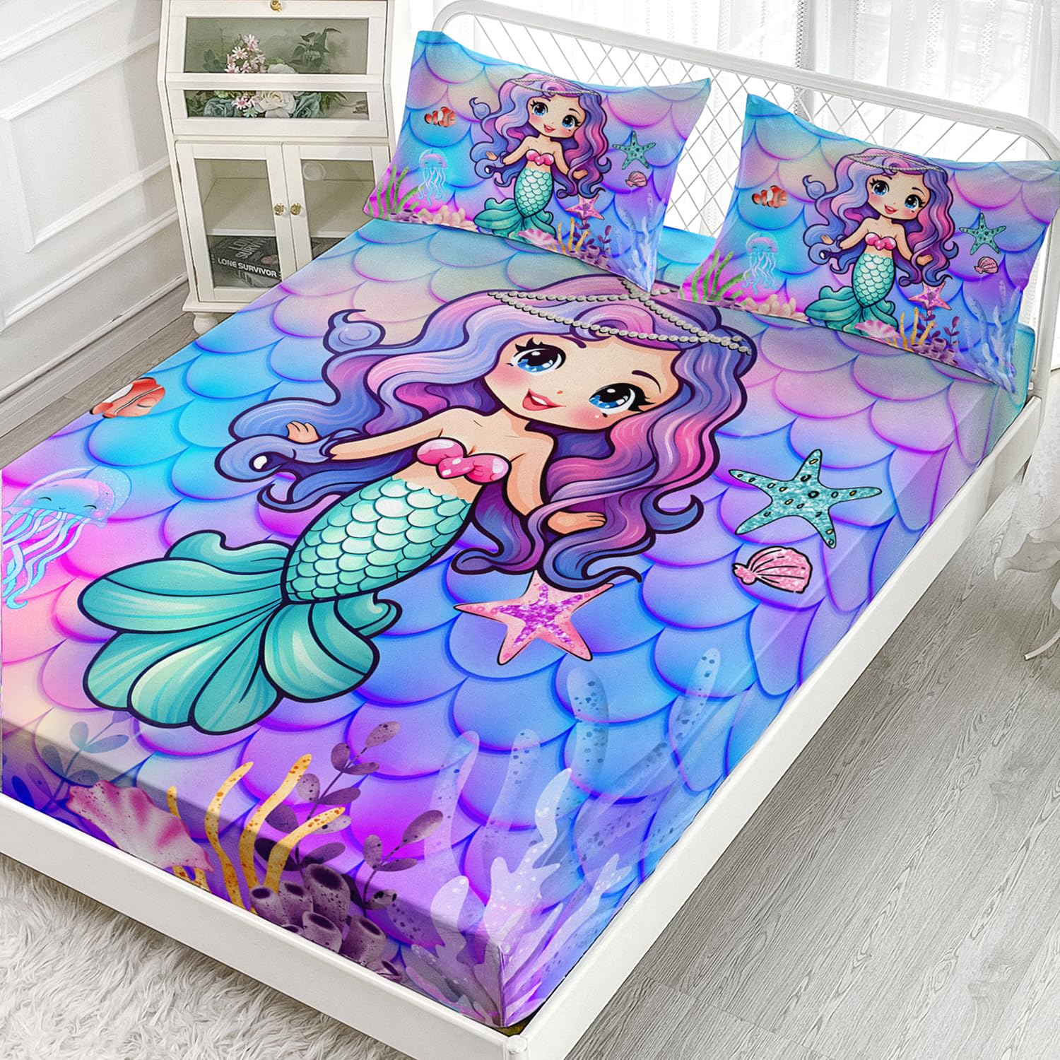 AILONEN Mermaid Fitted Sheet for Kids Girls Twin Size, Mermaid Princess Bedding Set,Ocean Theme Bed Sheet Set,Purple Blue Watercolor Fish Scale BedSheets Set,1 Fitted Sheet 2 Pillowcases,3 PCS