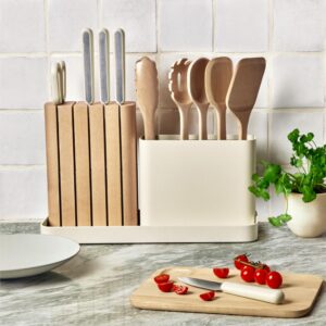 Caraway 14-Piece Kitchen Prep Set - Kitchen Knife Set & Wooden Utensil Set - Made With Premium German Steel Blades & FSC-Certified Birch Wood - Non-Toxic Materials - Includes Organizer - Cream