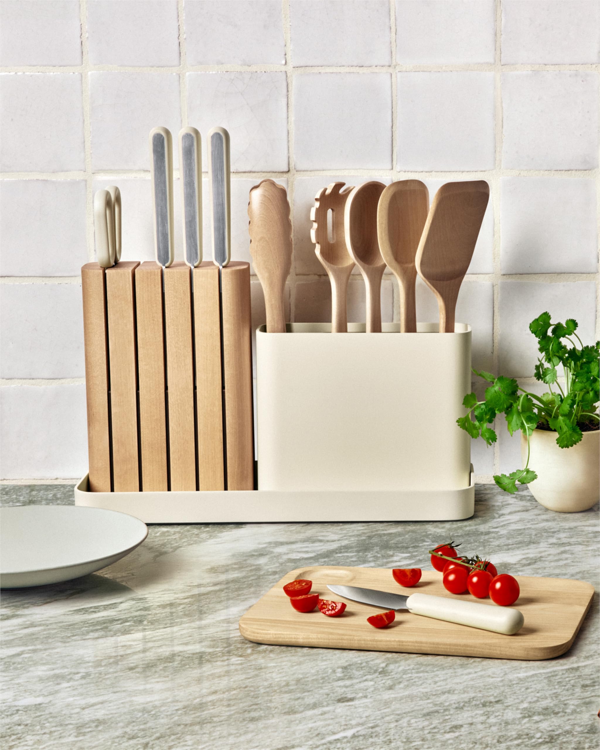 Caraway 14-Piece Kitchen Prep Set - Kitchen Knife Set & Wooden Utensil Set - Made With Premium German Steel Blades & FSC-Certified Birch Wood - Non-Toxic Materials - Includes Organizer - Cream