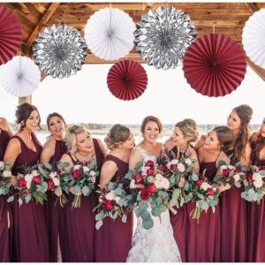 9PCS Burgundy Maroon White Silver Party Streamers Pom Poms Paper Flowers Hanging Party Fans Backdrop Graduation Bridal Wedding Shower Bachelorette Anniversary Birthday Party Décor