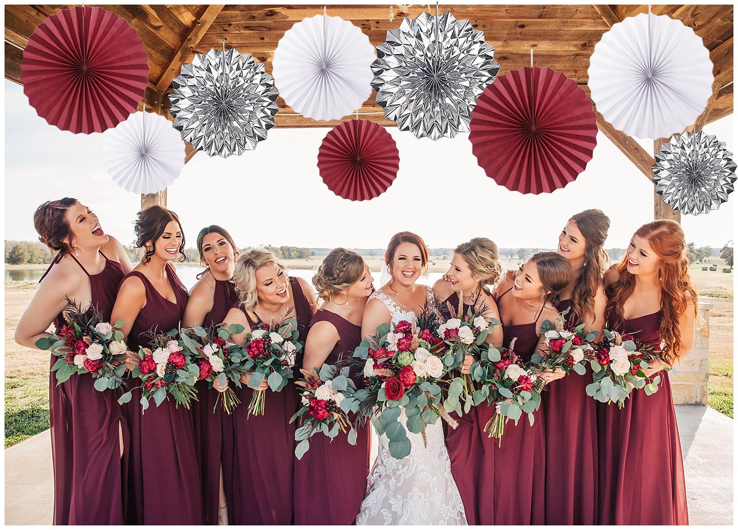 9PCS Burgundy Maroon White Silver Party Streamers Pom Poms Paper Flowers Hanging Party Fans Backdrop Graduation Bridal Wedding Shower Bachelorette Anniversary Birthday Party Décor