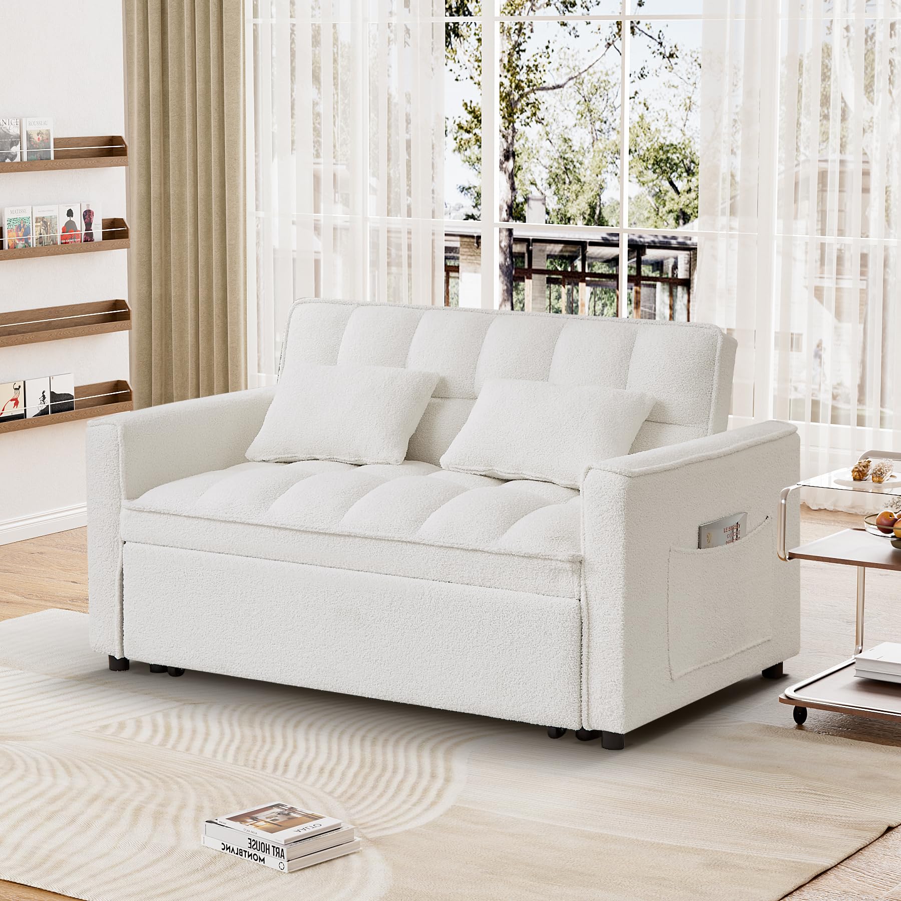 DAMAIFROM Sofa Bed, 3 in 1 Sleeper Sofa Bed with Pull Out Sofa Bed, Teddy Convertible Pull Out Loveseat with Adjustable Backrest and Side Pocket,Small Love Seat for Living Room,Office, White