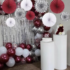 9PCS Burgundy Maroon White Silver Party Streamers Pom Poms Paper Flowers Hanging Party Fans Backdrop Graduation Bridal Wedding Shower Bachelorette Anniversary Birthday Party Décor