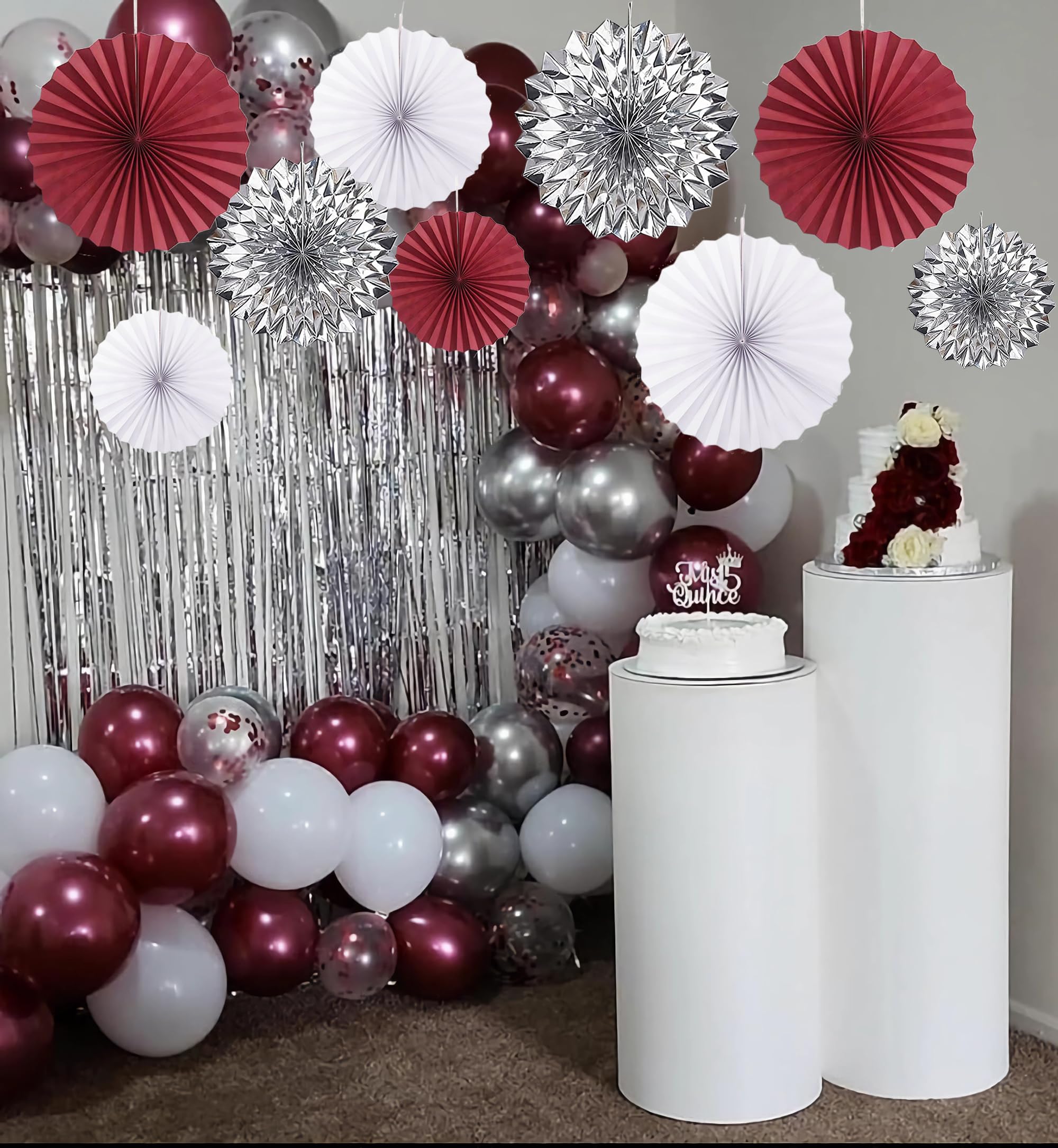 9PCS Burgundy Maroon White Silver Party Streamers Pom Poms Paper Flowers Hanging Party Fans Backdrop Graduation Bridal Wedding Shower Bachelorette Anniversary Birthday Party Décor