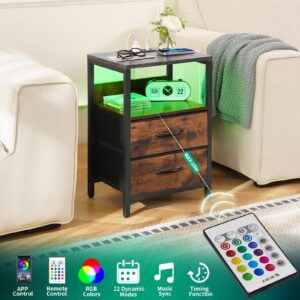 Yoobure Nightstand with Charging Station, LED Night Stand with Fabric Drawers and Storage Shelf for Bedroom, Nightstands Bedside Tables with USB Ports & Outlets, Small Night Stands, Bed Side Table