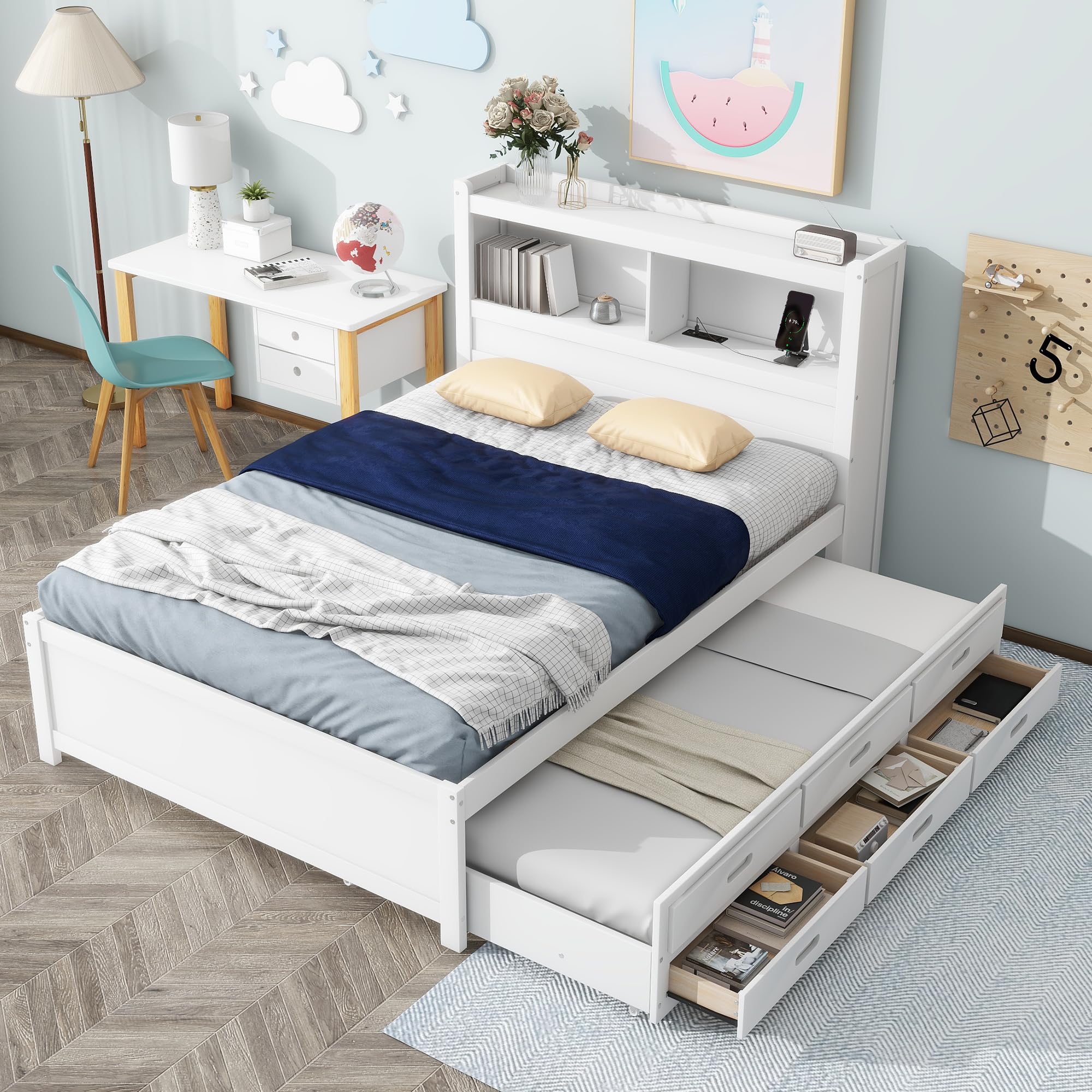 Harper & Bright Designs Full Size Platform Bed with Trundle, Drawers and Bookcase Headboard with USB Plugs, Hardwood Full Size Bed Frame, No Box Spring Needed - White