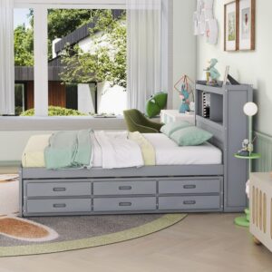 Harper & Bright Designs Full Size Bed with Bookcase Headboard, Wooden Full Size Platform Bed with Trundle and Storage Drawers,Full Storage Bed with USB Ports Outlets for Kids Girls Boys, Grey