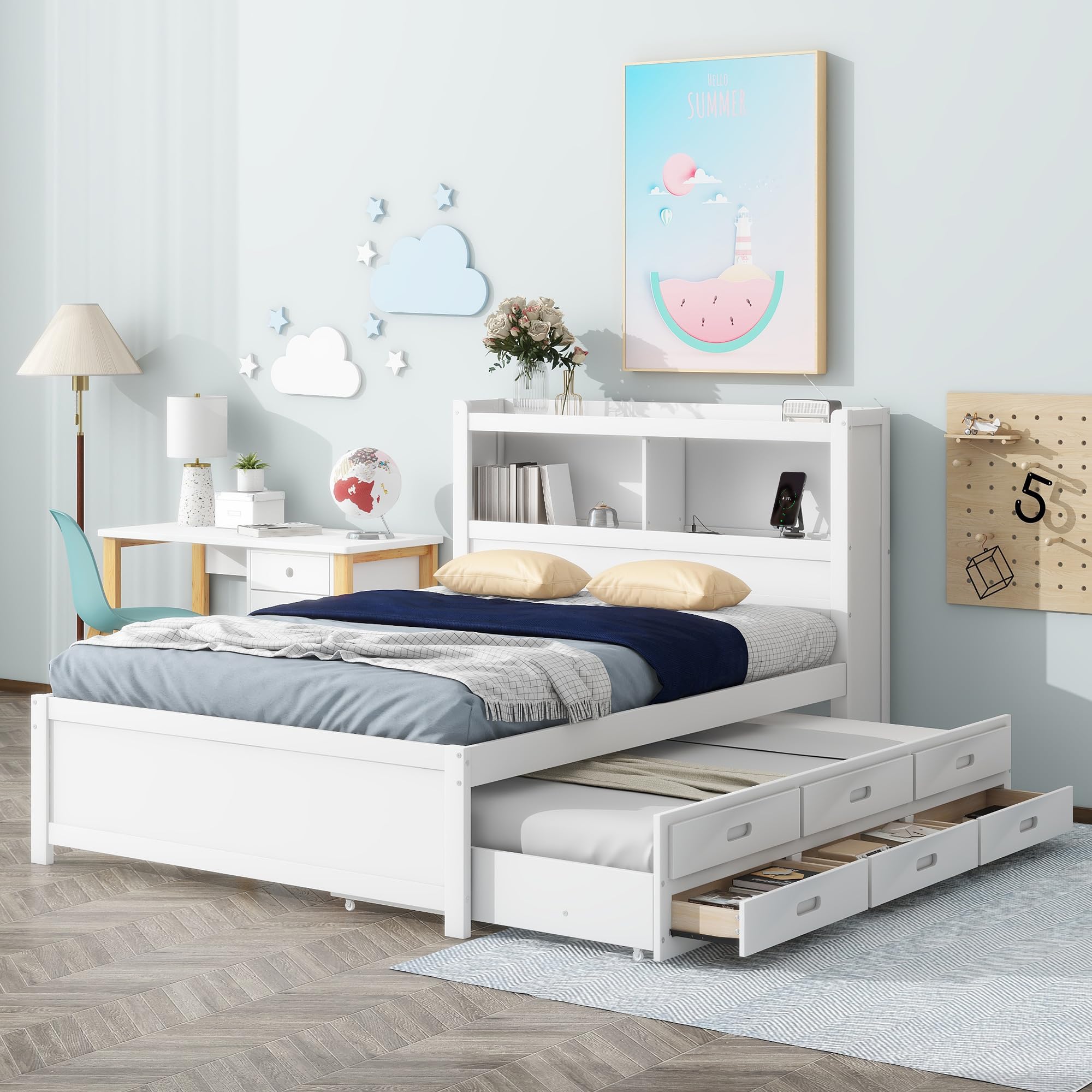 Harper & Bright Designs Full Size Platform Bed with Trundle, Drawers and Bookcase Headboard with USB Plugs, Hardwood Full Size Bed Frame, No Box Spring Needed - White