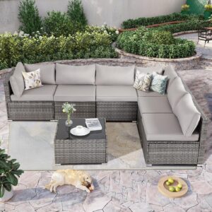 seogwisam 7 pieces patio furniture set,wicker outdoor conversation set,rattan sectional sofa set w/washable cushions & glass coffee table for porch poolside backyard-gray/gray