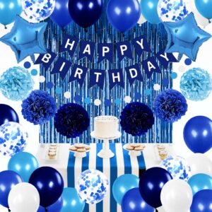 Iysoll Blue Birthday Party Decorations for Boys Men Happy Birthday Banner Balloons Navy Royal Light Blue Pom Poms Foil Curtain Décor Blue Party Decorations for Baby Boy Birthday