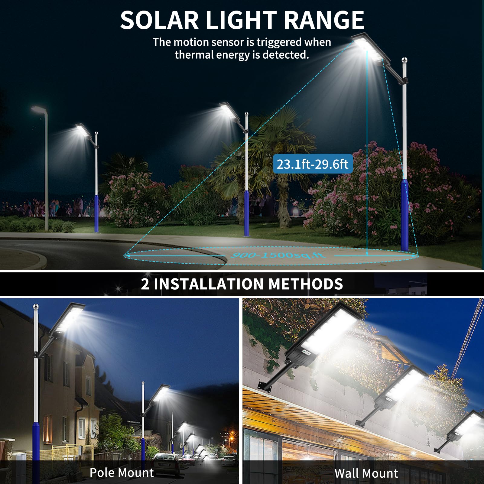 Viugreum 1000W Solar Street Lights Outdoor with Motion Sensor 2 Pack, 1080pcs LED, 6000K IP65 Waterproof Solar Parking Lot Lights, Solar Powered Street Light for Barn, Yard, Street