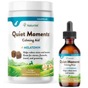 naturvet quiet moments calming aid dog supplement – helps promote relaxation, reduce stress, storm anxiety, motion sickness for dogs -70 soft chew - calming drops - 2 oz