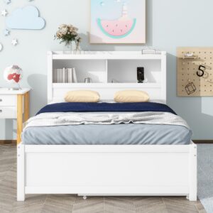 Harper & Bright Designs Full Size Platform Bed with Trundle, Drawers and Bookcase Headboard with USB Plugs, Hardwood Full Size Bed Frame, No Box Spring Needed - White