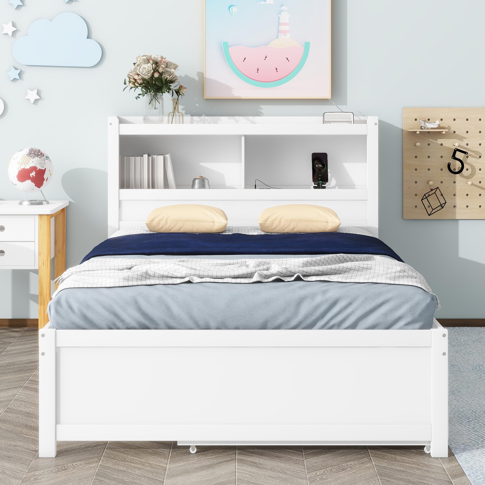 Harper & Bright Designs Full Platform Bed with Twin Size Trundle,Bookcase Headboard,Charging Station and 3 Drawers,Wood Full Storage Bed Frame for Kids,Teens,Adults,No Box Spring Needed (White)