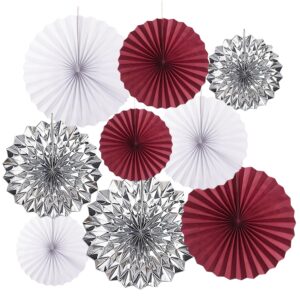 9pcs burgundy maroon white silver party streamers pom poms paper flowers hanging party fans backdrop graduation bridal wedding shower bachelorette anniversary birthday party décor