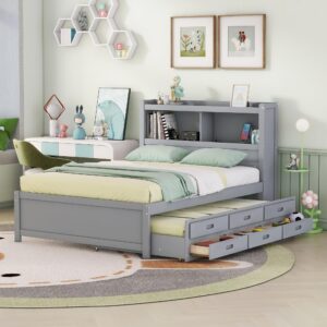 Harper & Bright Designs Full Size Bed with Bookcase Headboard, Wooden Full Size Platform Bed with Trundle and Storage Drawers,Full Storage Bed with USB Ports Outlets for Kids Girls Boys, Grey