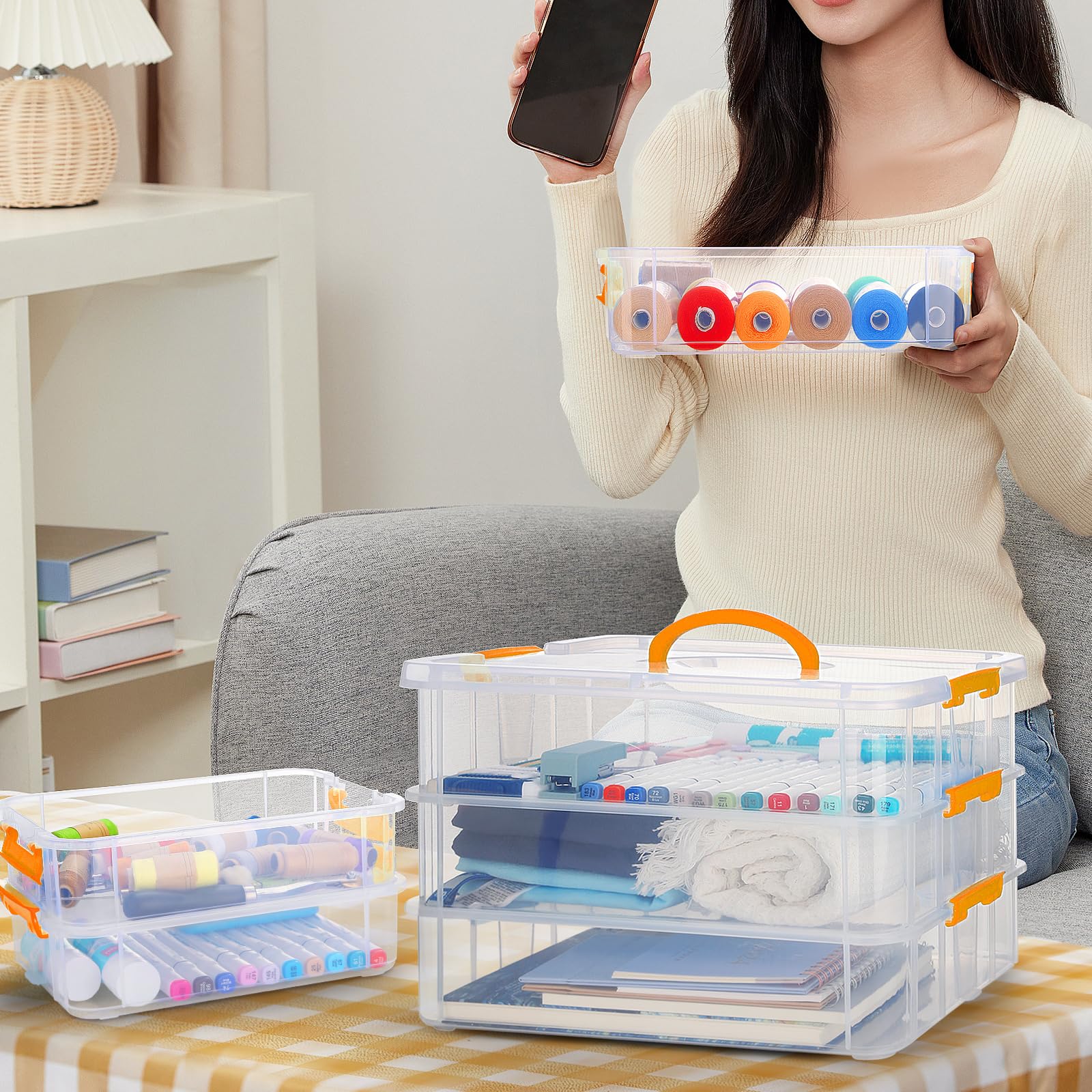 6 PACK 2 Sizes 3-Tier Plastic Storage Containers with Lids, Handled Art Supply Craft Organizer Storage Box for Organizing Craft, Stationery, Sewing, Art Craft, Jewelry and Beauty Supplies (Orange)