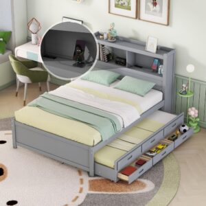 harper & bright designs full size bed with bookcase headboard, wooden full size platform bed with trundle and storage drawers,full storage bed with usb ports outlets for kids girls boys, grey