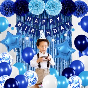 Iysoll Blue Birthday Party Decorations for Boys Men Happy Birthday Banner Balloons Navy Royal Light Blue Pom Poms Foil Curtain Décor Blue Party Decorations for Baby Boy Birthday